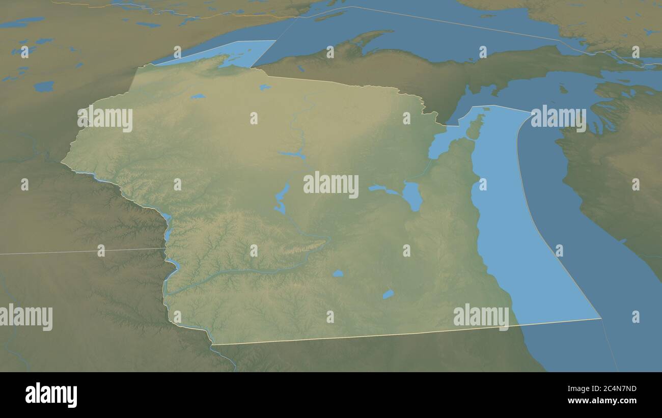 Zoom in on Wisconsin (state of United States) outlined. Oblique ...