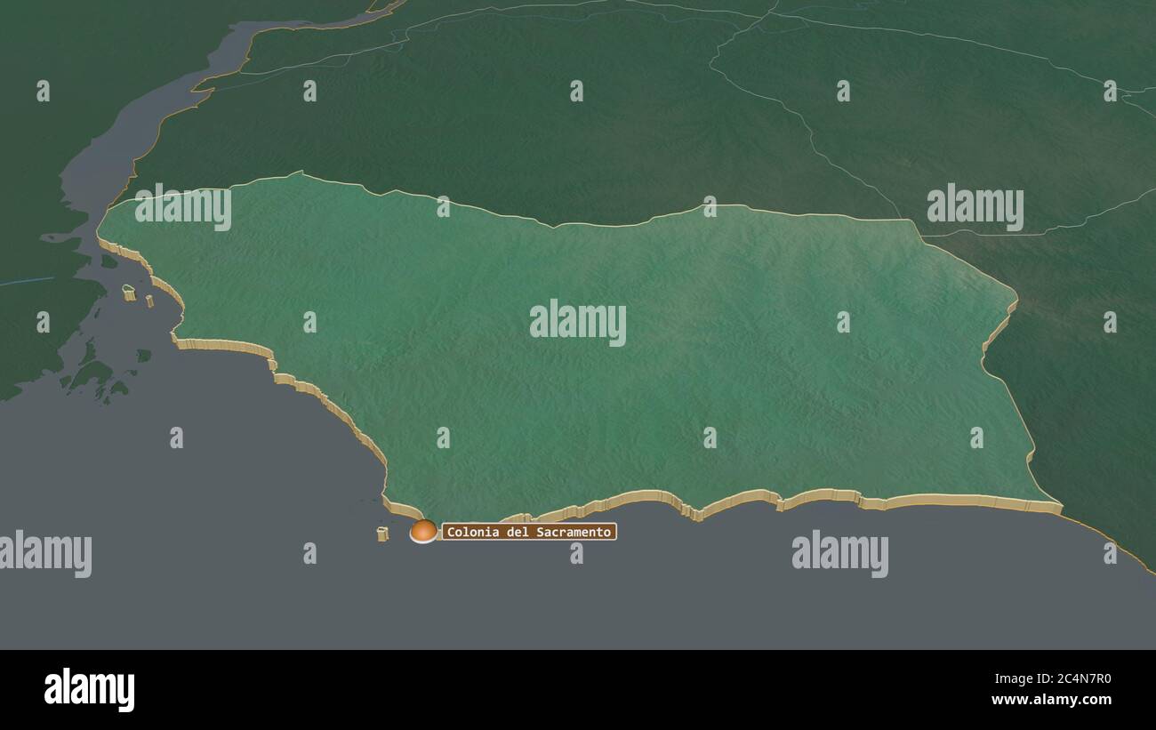 Zoom in on Colonia (department of Uruguay) extruded. Oblique ...