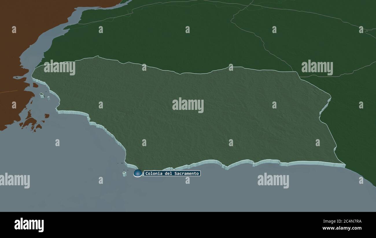 Zoom in on Colonia (department of Uruguay) extruded. Oblique ...