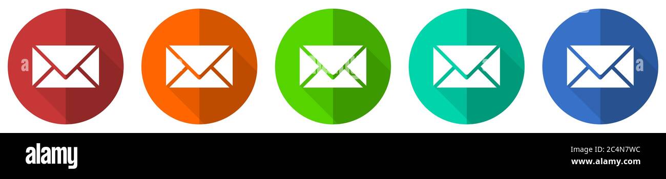 Email icon set, envelope, red, blue, green and orange flat design web ...