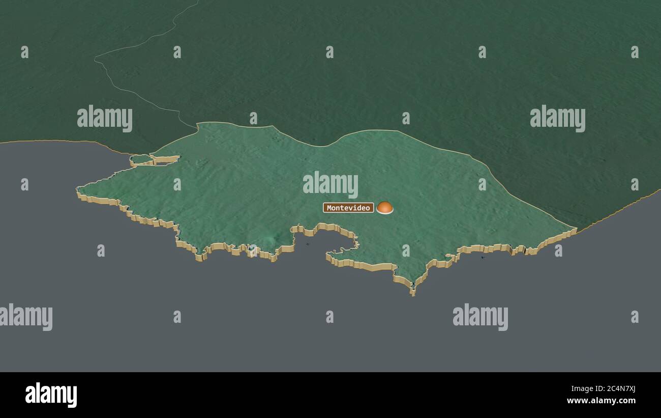 Zoom in on Montevideo (department of Uruguay) extruded. Oblique ...