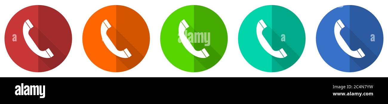 Phone icon set, call, contact, red, blue, green and orange flat design ...