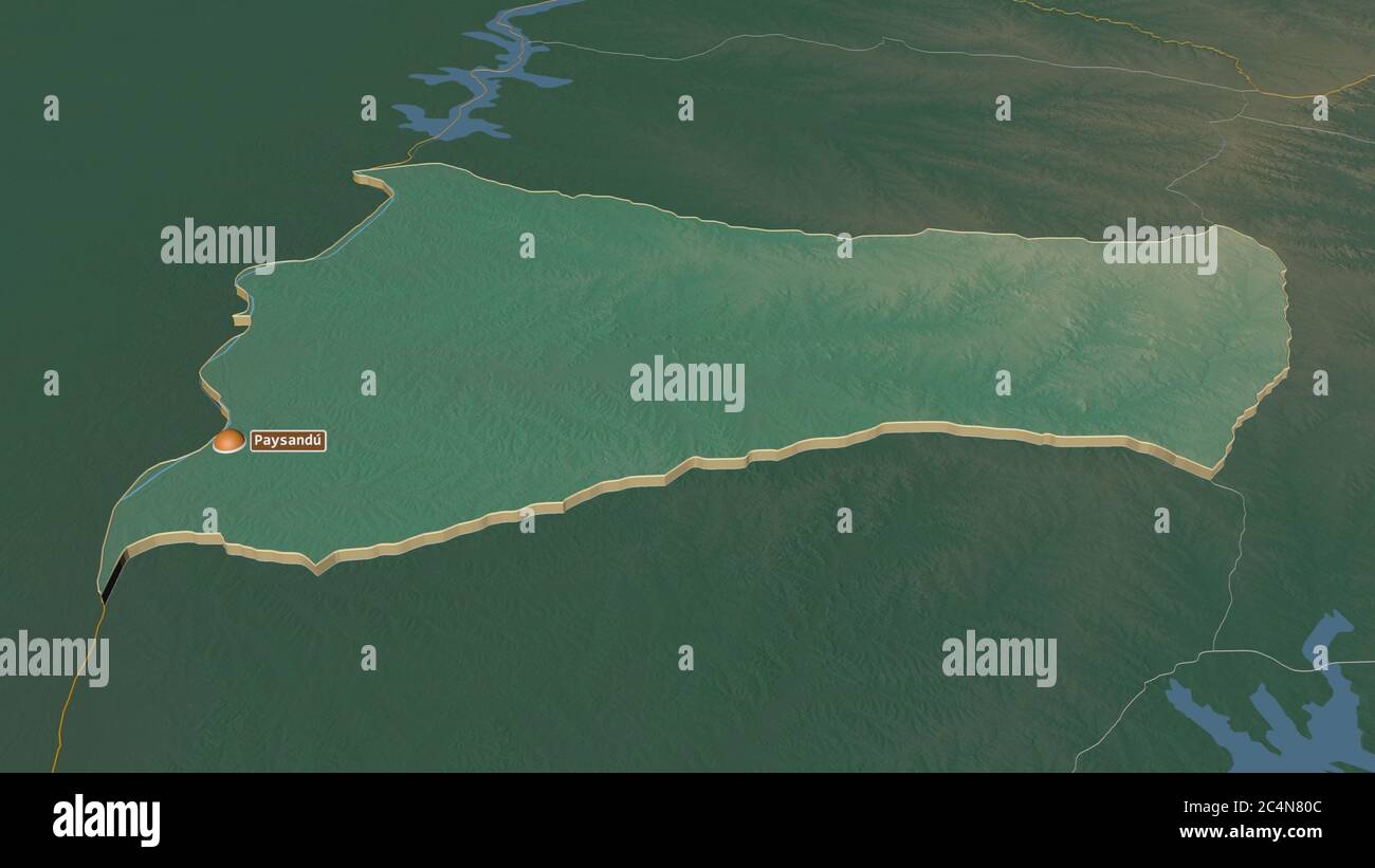 Zoom in on Paysandú (department of Uruguay) extruded. Oblique ...