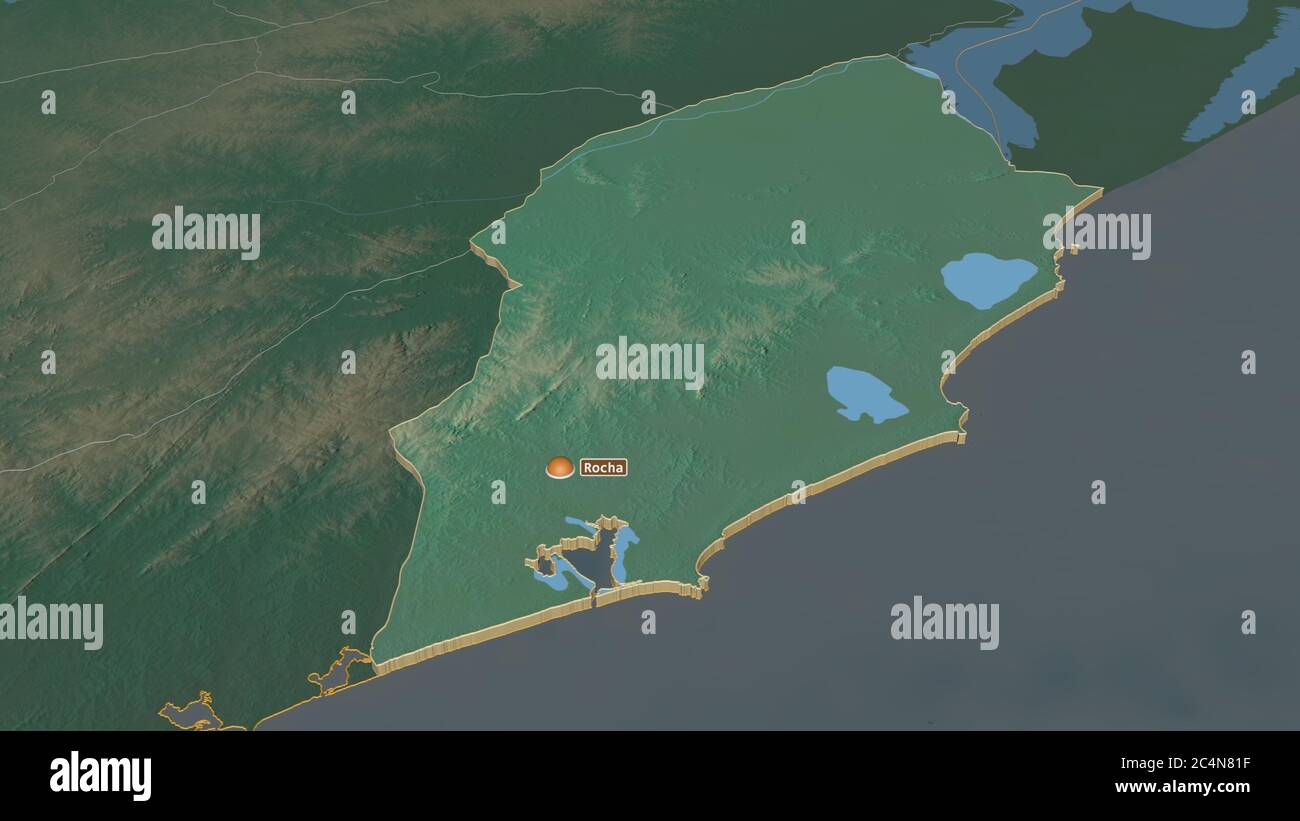 Zoom in on Rocha (department of Uruguay) extruded. Oblique perspective ...