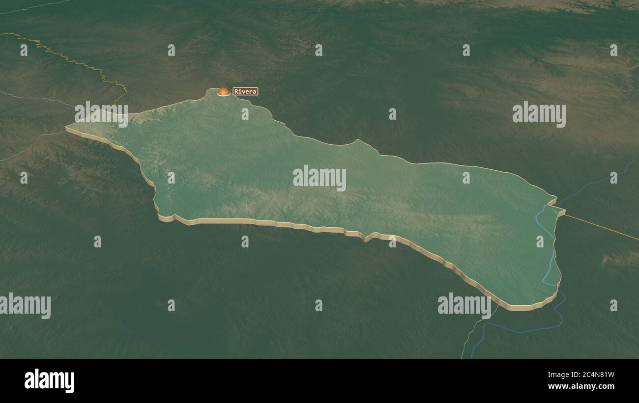 Zoom in on Rivera (department of Uruguay) extruded. Oblique perspective ...