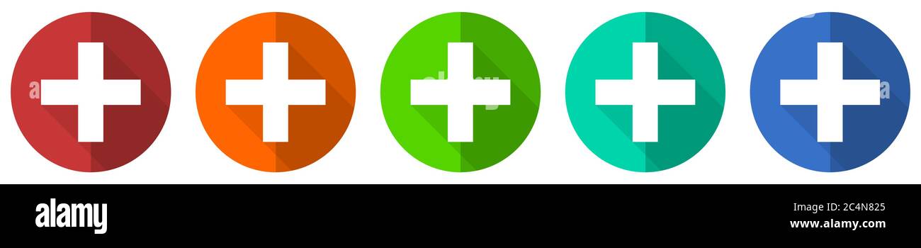 Plus icon set, cross, red, blue, green and orange flat design web ...