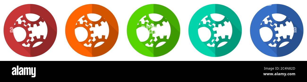 Gear icon set, red, blue, green and orange flat design web buttons ...