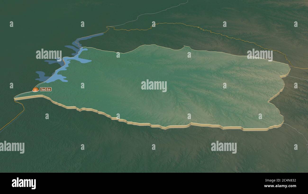 Zoom in on Salto (department of Uruguay) extruded. Oblique perspective ...