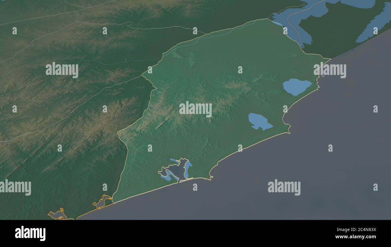 Zoom in on Rocha (department of Uruguay) outlined. Oblique perspective ...