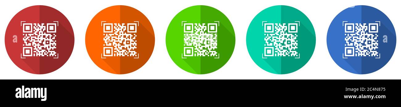 Qr code icon set, shopping, red, blue, green and orange flat design web ...