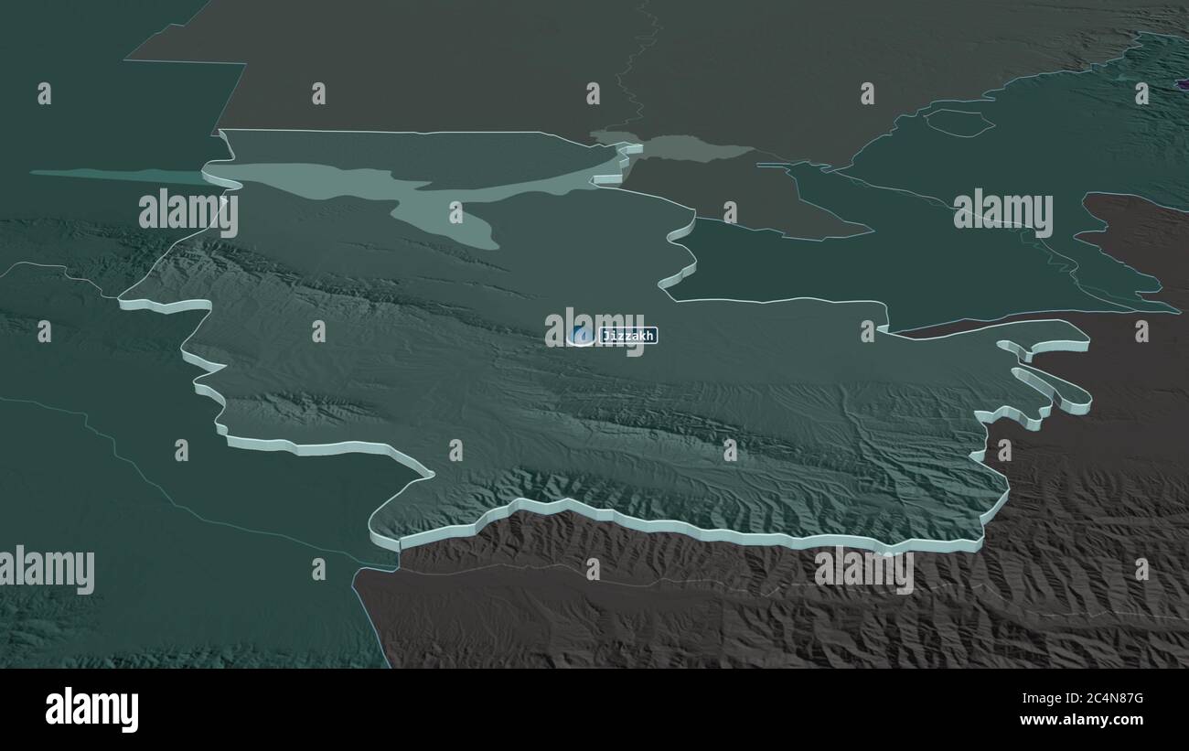 Zoom in on Jizzakh (region of Uzbekistan) extruded. Oblique perspective ...
