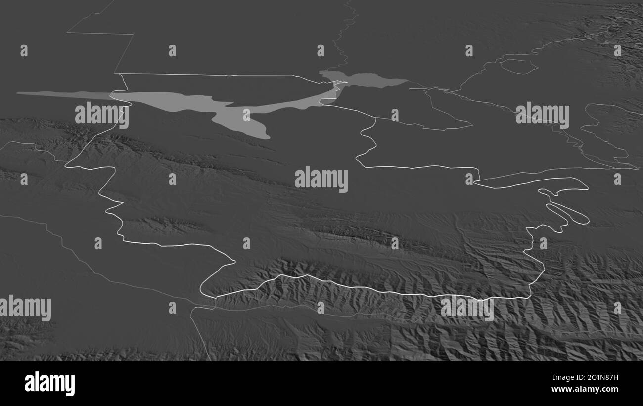 Zoom in on Jizzakh (region of Uzbekistan) outlined. Oblique perspective ...