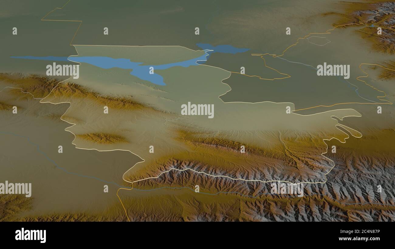 Zoom in on Jizzakh (region of Uzbekistan) outlined. Oblique perspective ...