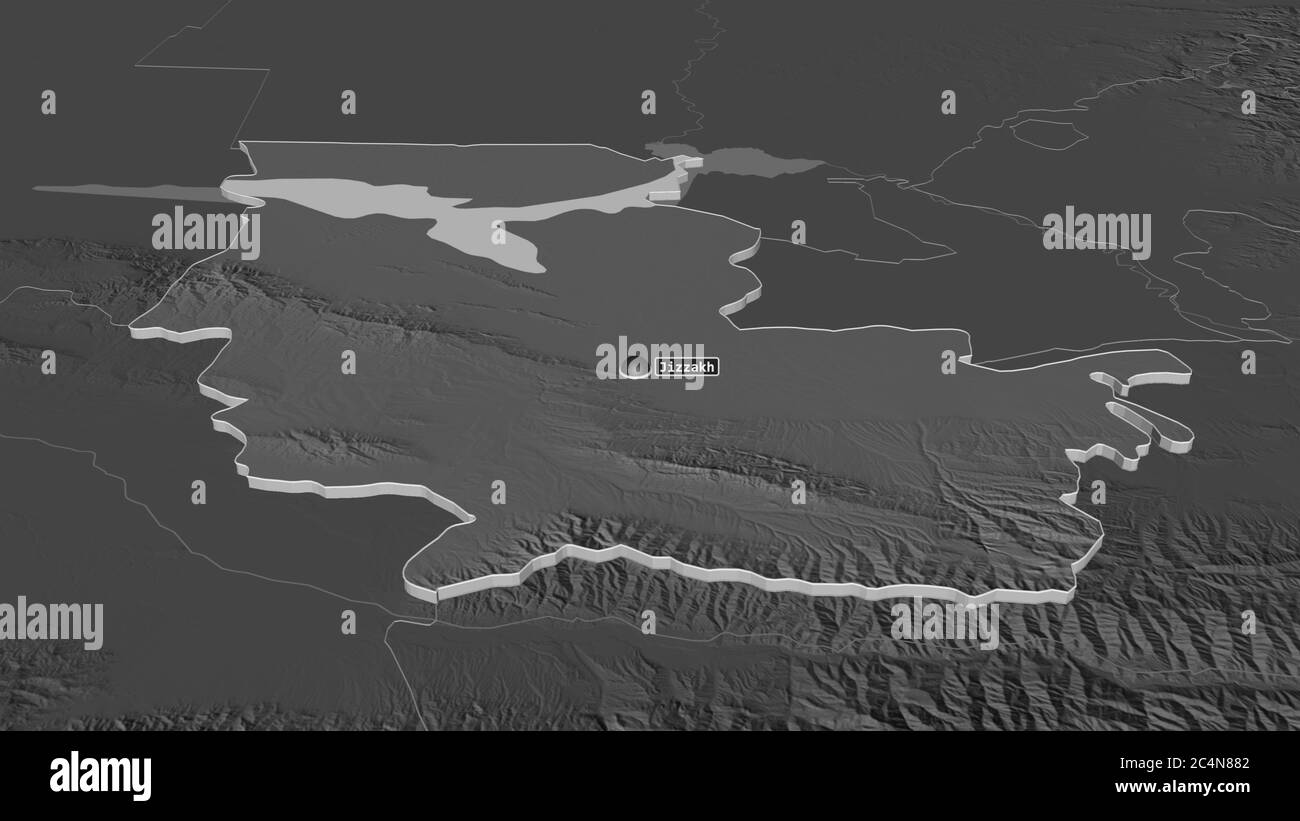 Zoom in on Jizzakh (region of Uzbekistan) extruded. Oblique perspective ...