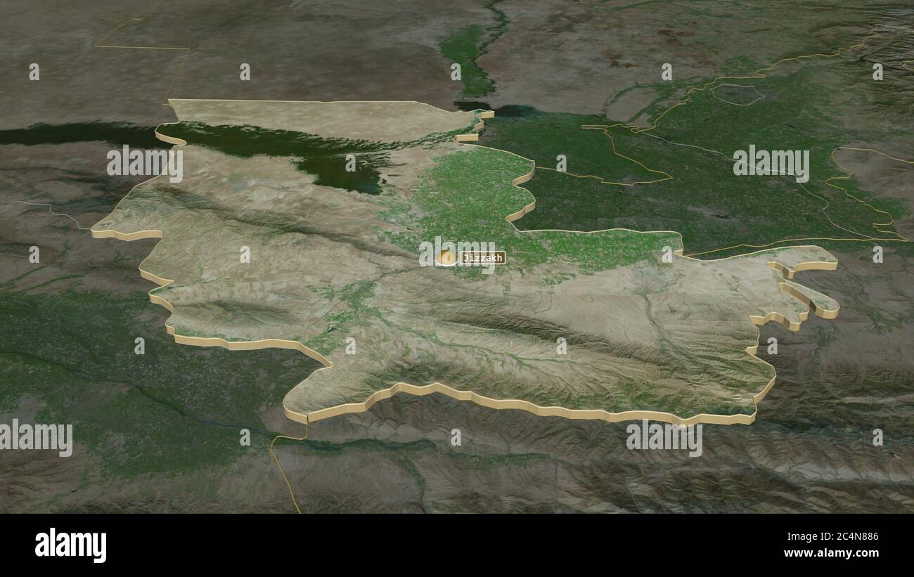 Zoom in on Jizzakh (region of Uzbekistan) extruded. Oblique perspective ...