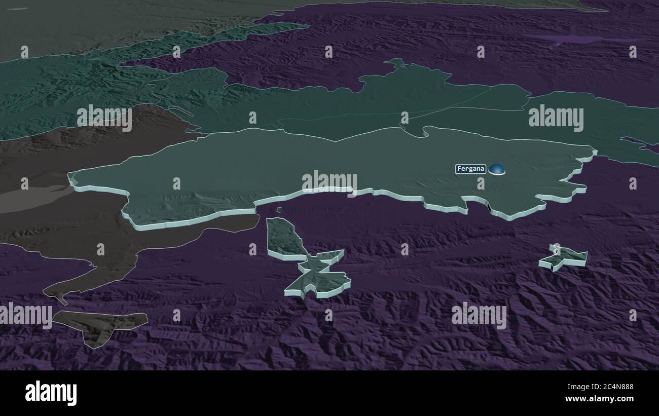 Zoom in on Ferghana (region of Uzbekistan) extruded. Oblique ...