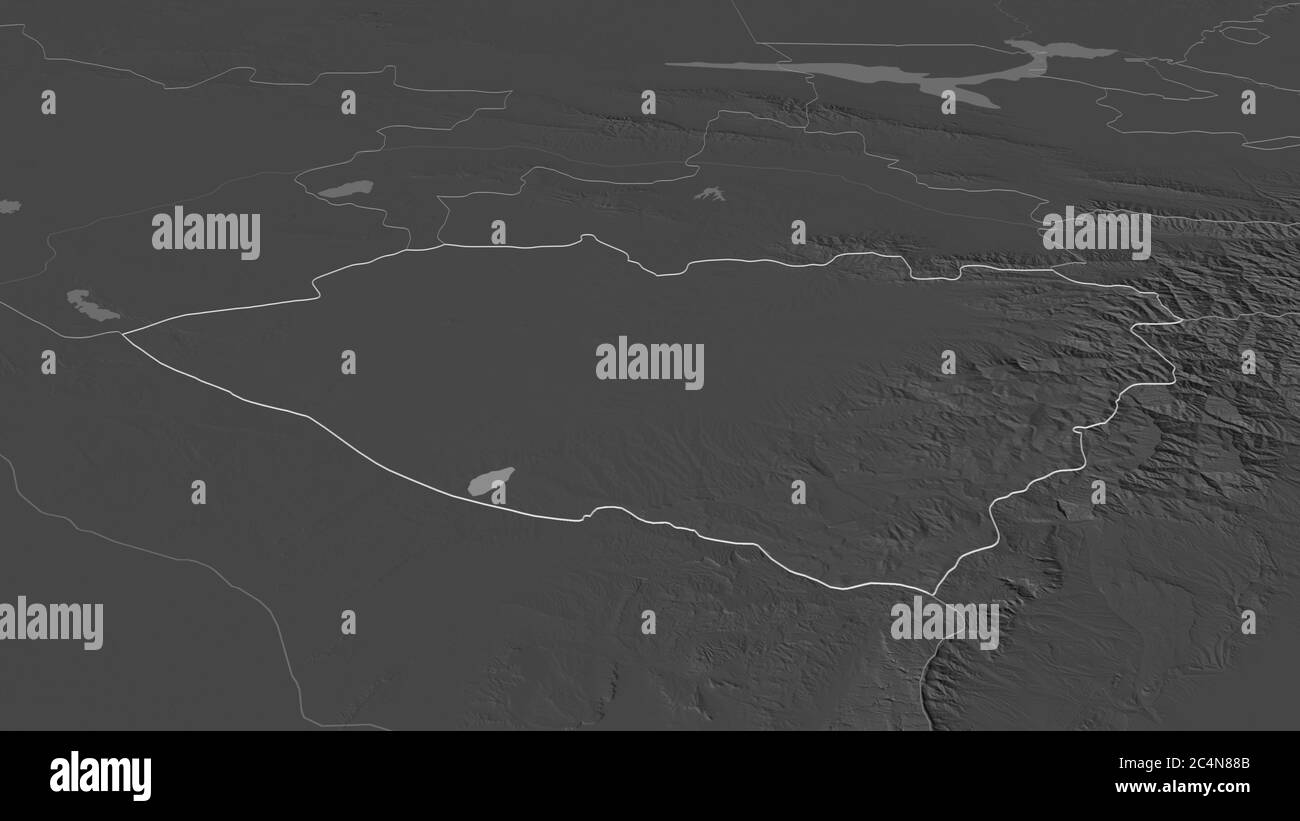 Zoom in on Kashkadarya (region of Uzbekistan) outlined. Oblique ...