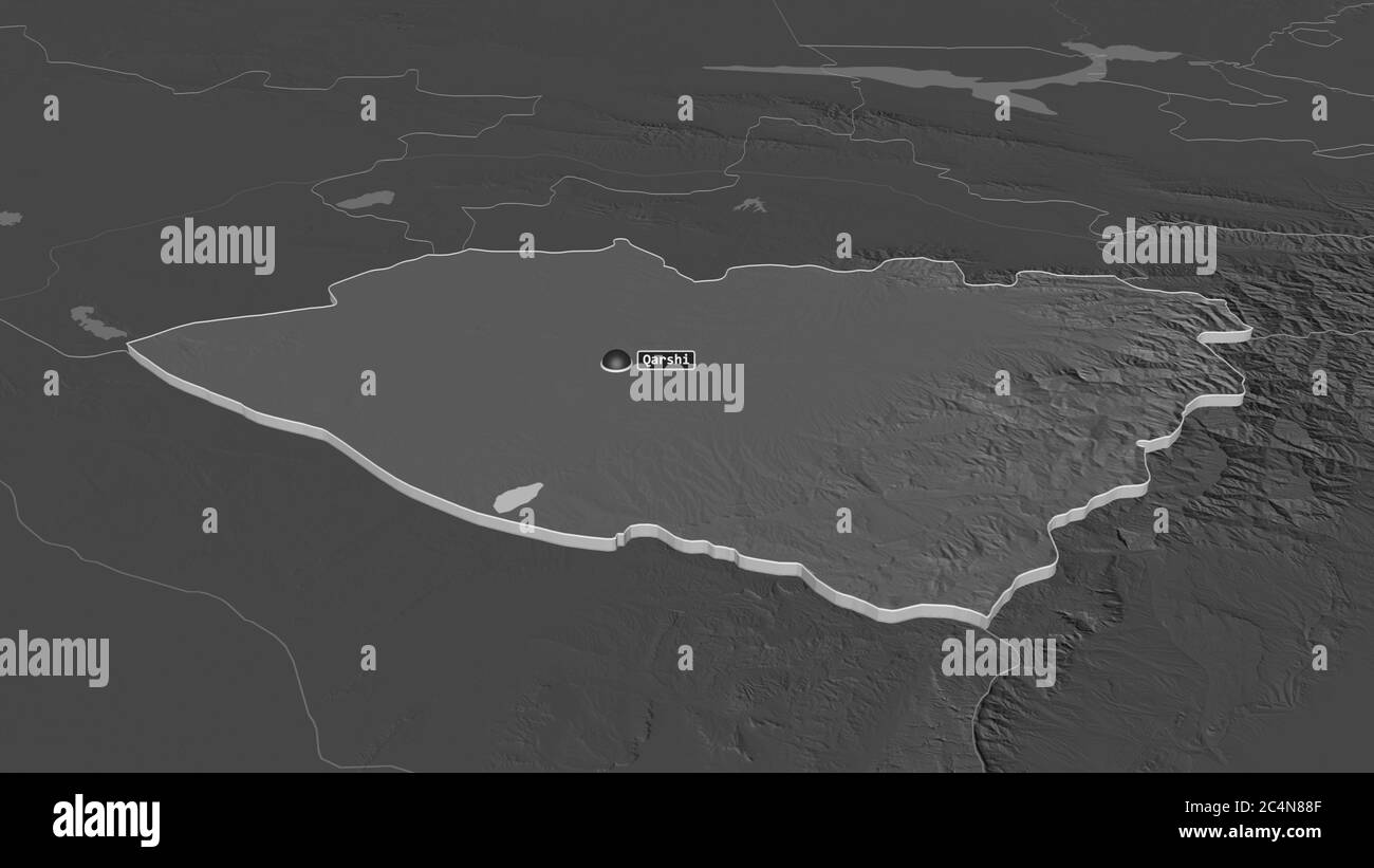 Zoom in on Kashkadarya (region of Uzbekistan) extruded. Oblique ...