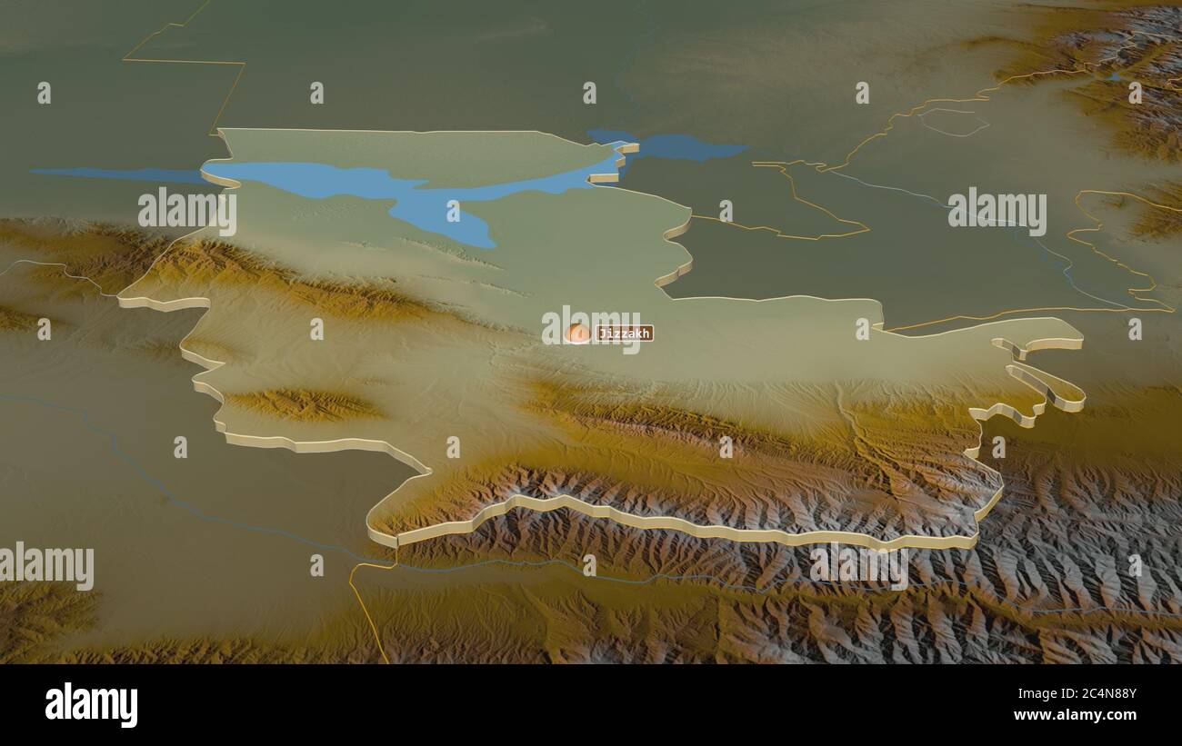 Zoom in on Jizzakh (region of Uzbekistan) extruded. Oblique perspective ...