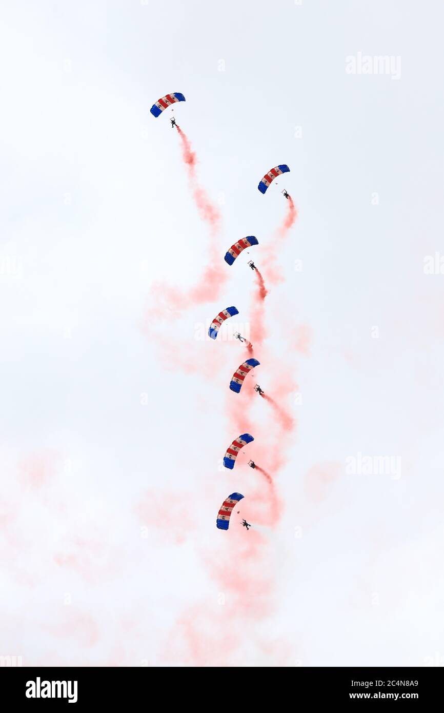 The RAF Falcons Parachute Display Team perform in the skies above ...
