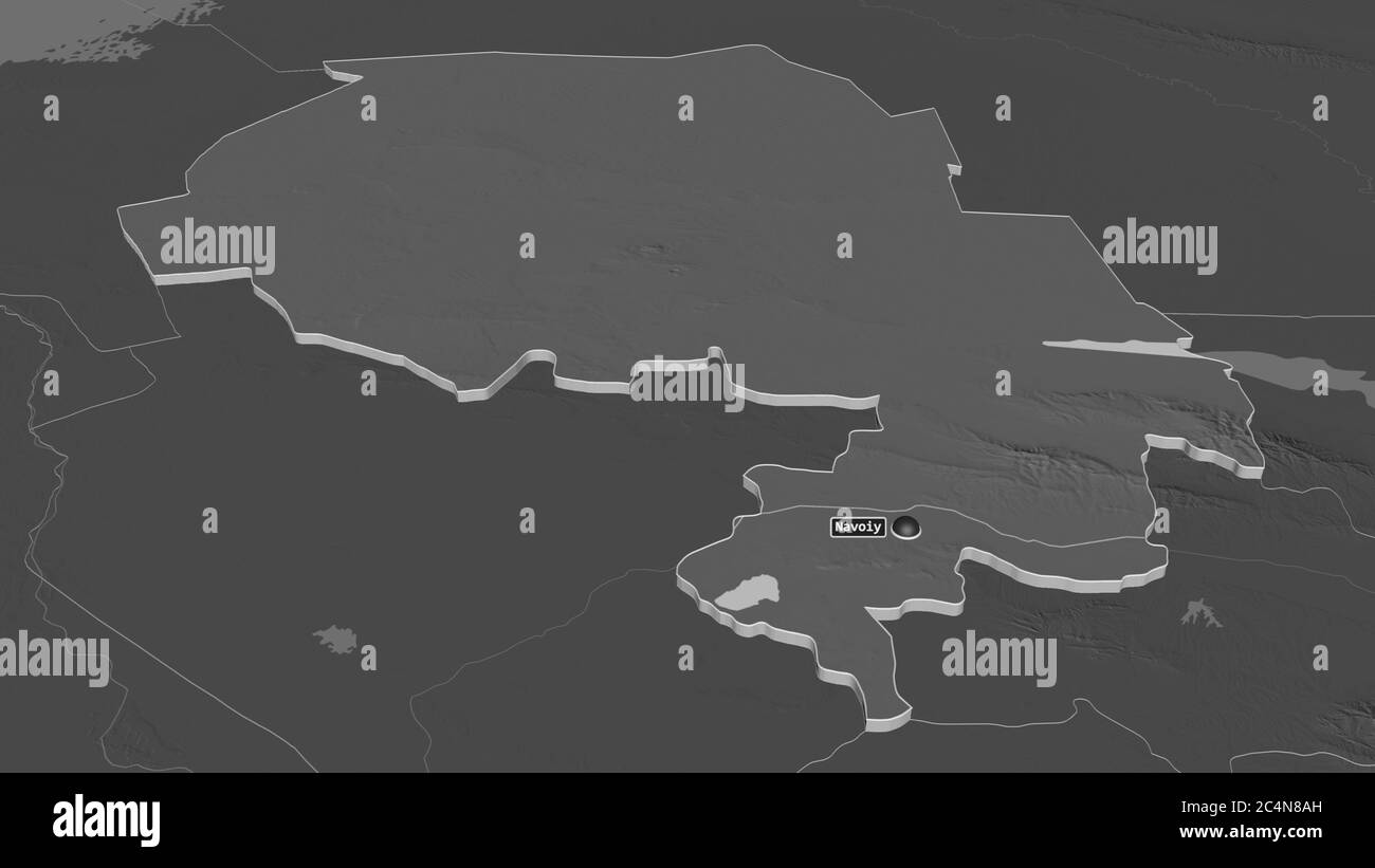 Zoom in on Navoi (region of Uzbekistan) extruded. Oblique perspective ...