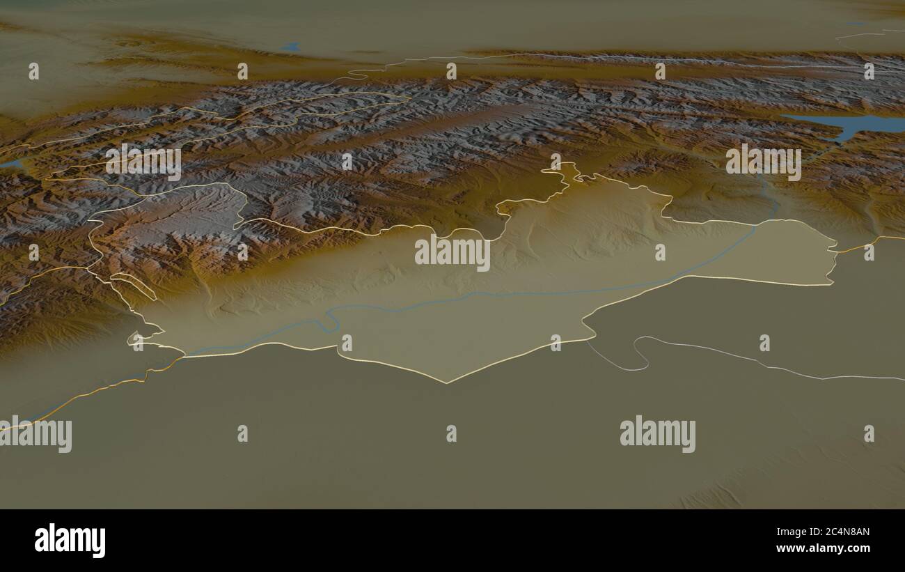 Zoom in on Namangan (region of Uzbekistan) outlined. Oblique ...
