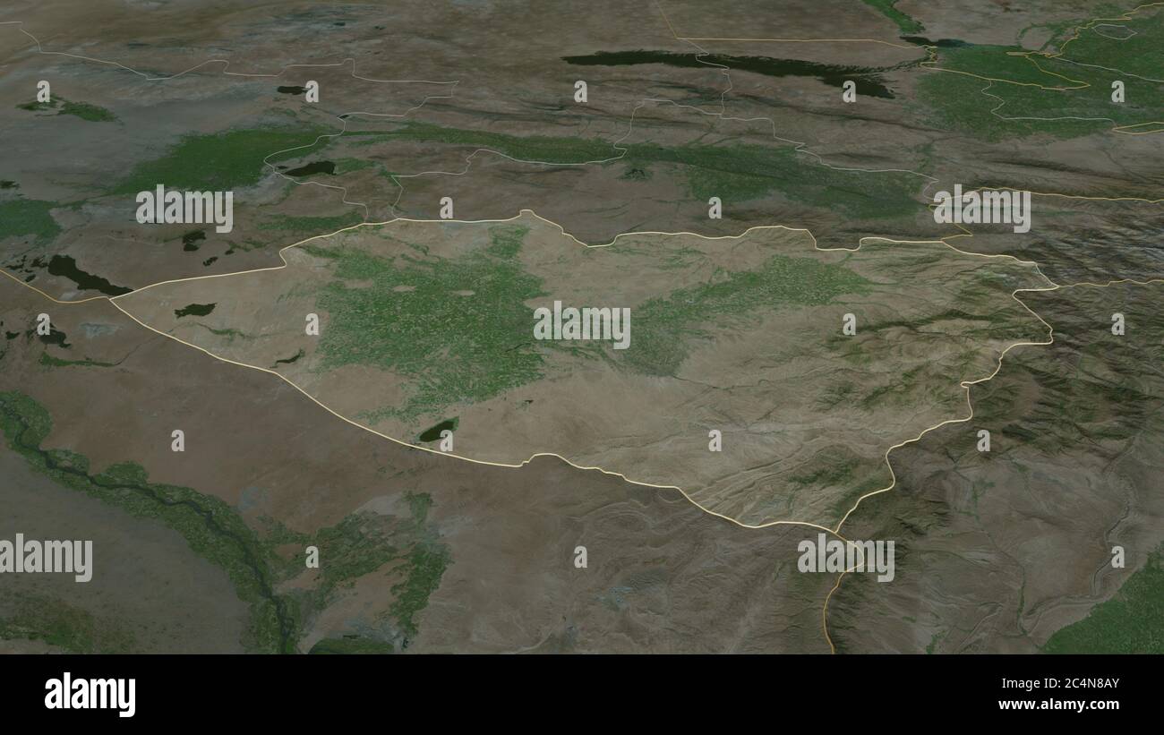 Zoom in on Kashkadarya (region of Uzbekistan) outlined. Oblique ...