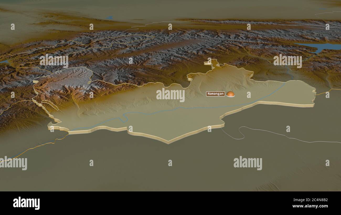 Zoom in on Namangan (region of Uzbekistan) extruded. Oblique ...
