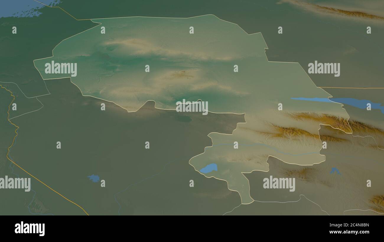 Zoom in on Navoi (region of Uzbekistan) outlined. Oblique perspective ...