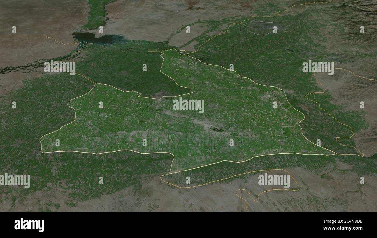 Zoom in on Sirdaryo (region of Uzbekistan) outlined. Oblique ...