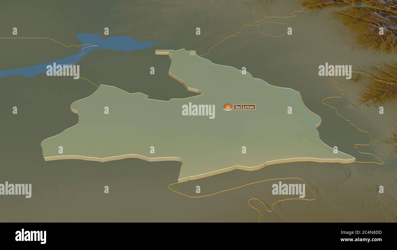 Zoom in on Sirdaryo (region of Uzbekistan) extruded. Oblique ...