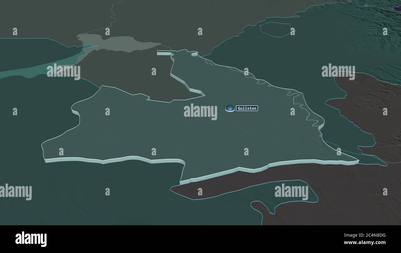 Zoom in on Sirdaryo (region of Uzbekistan) extruded. Oblique ...