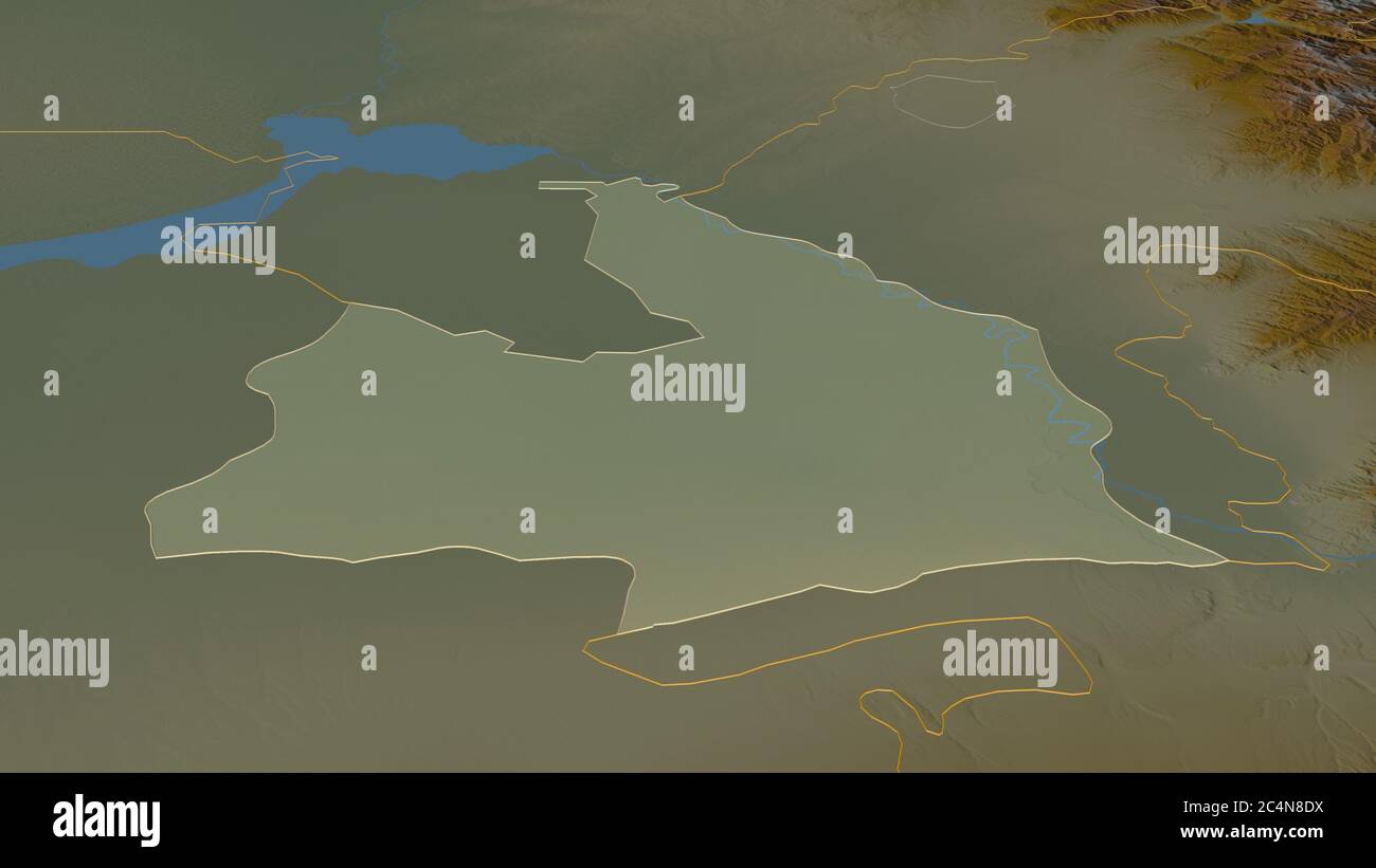 Zoom in on Sirdaryo (region of Uzbekistan) outlined. Oblique ...