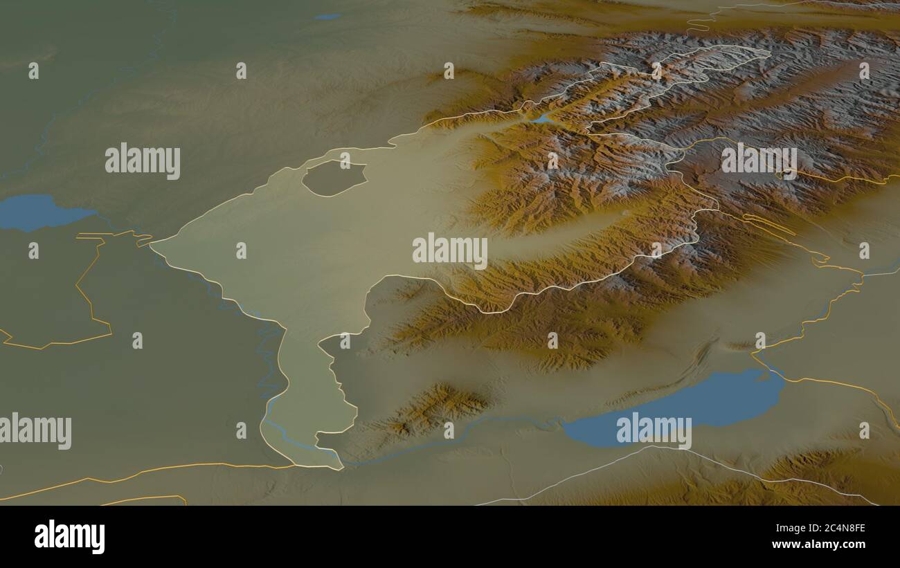 Zoom in on Tashkent (region of Uzbekistan) outlined. Oblique ...