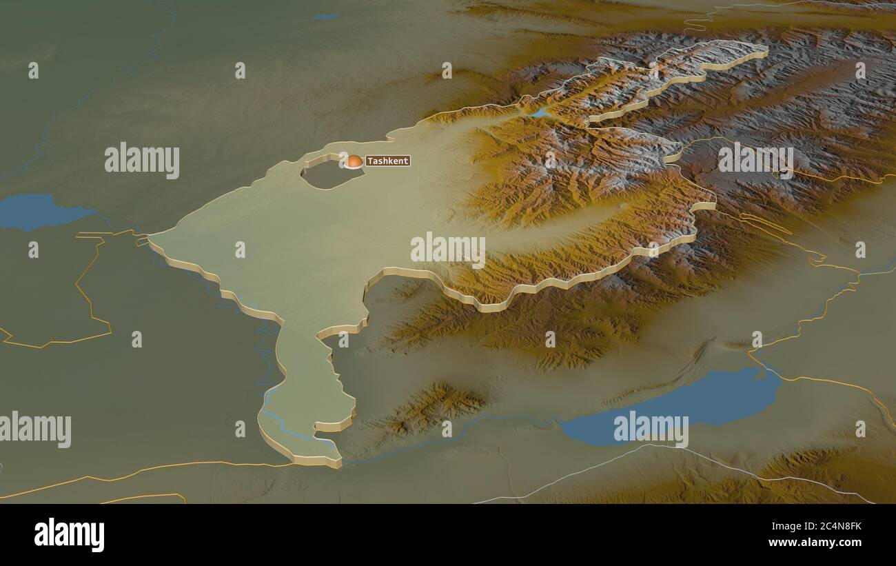 Zoom in on Tashkent (region of Uzbekistan) extruded. Oblique ...
