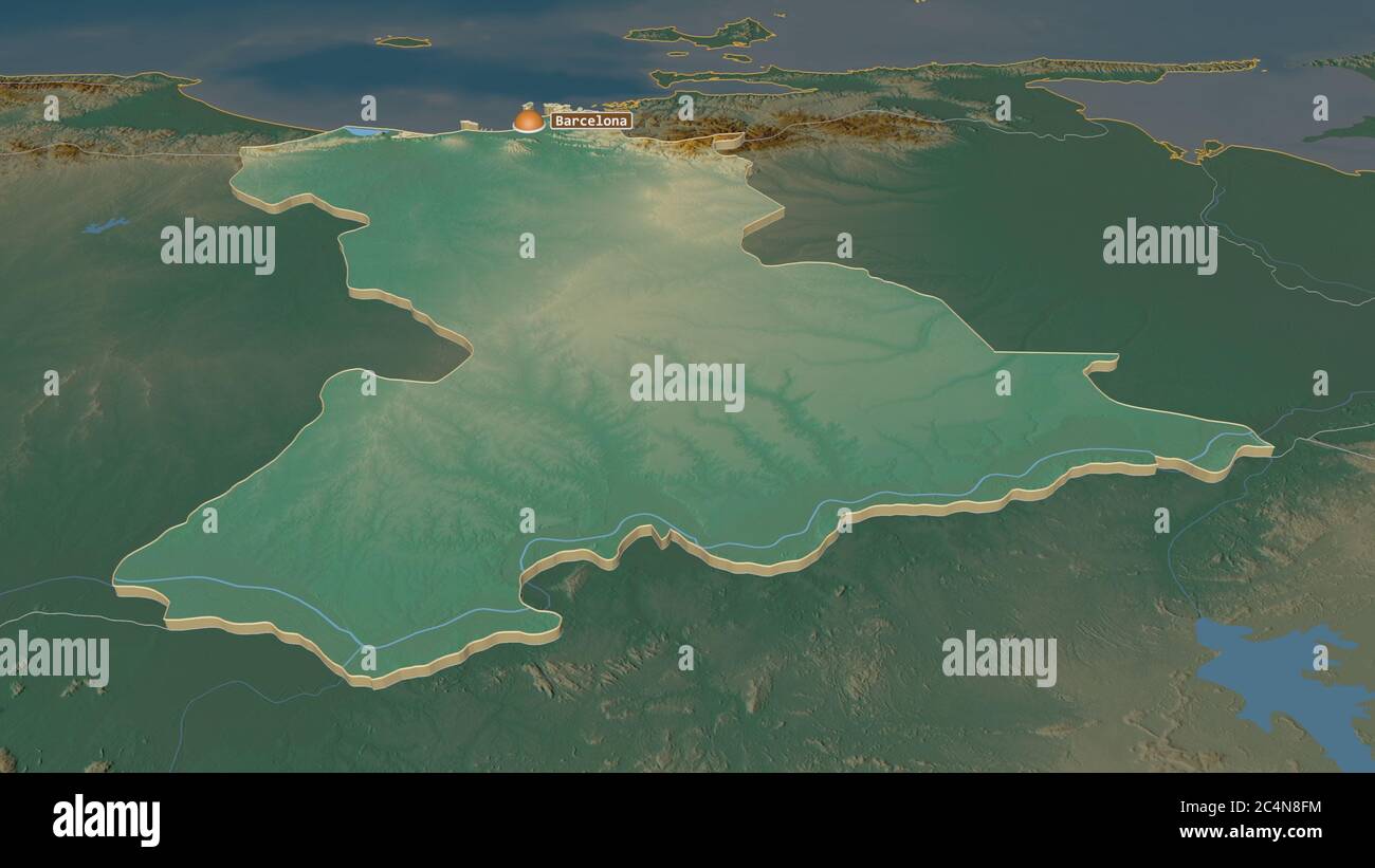 Zoom in on Anzoátegui (state of Venezuela) extruded. Oblique ...