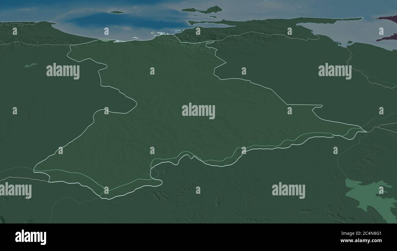Zoom in on Anzoátegui (state of Venezuela) outlined. Oblique ...