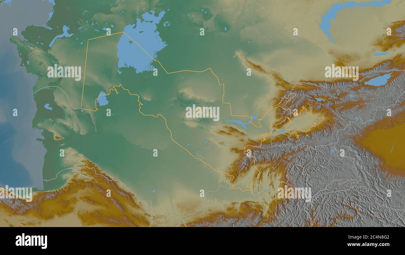 Outlined shape of the Uzbekistan area. Topographic relief map with ...
