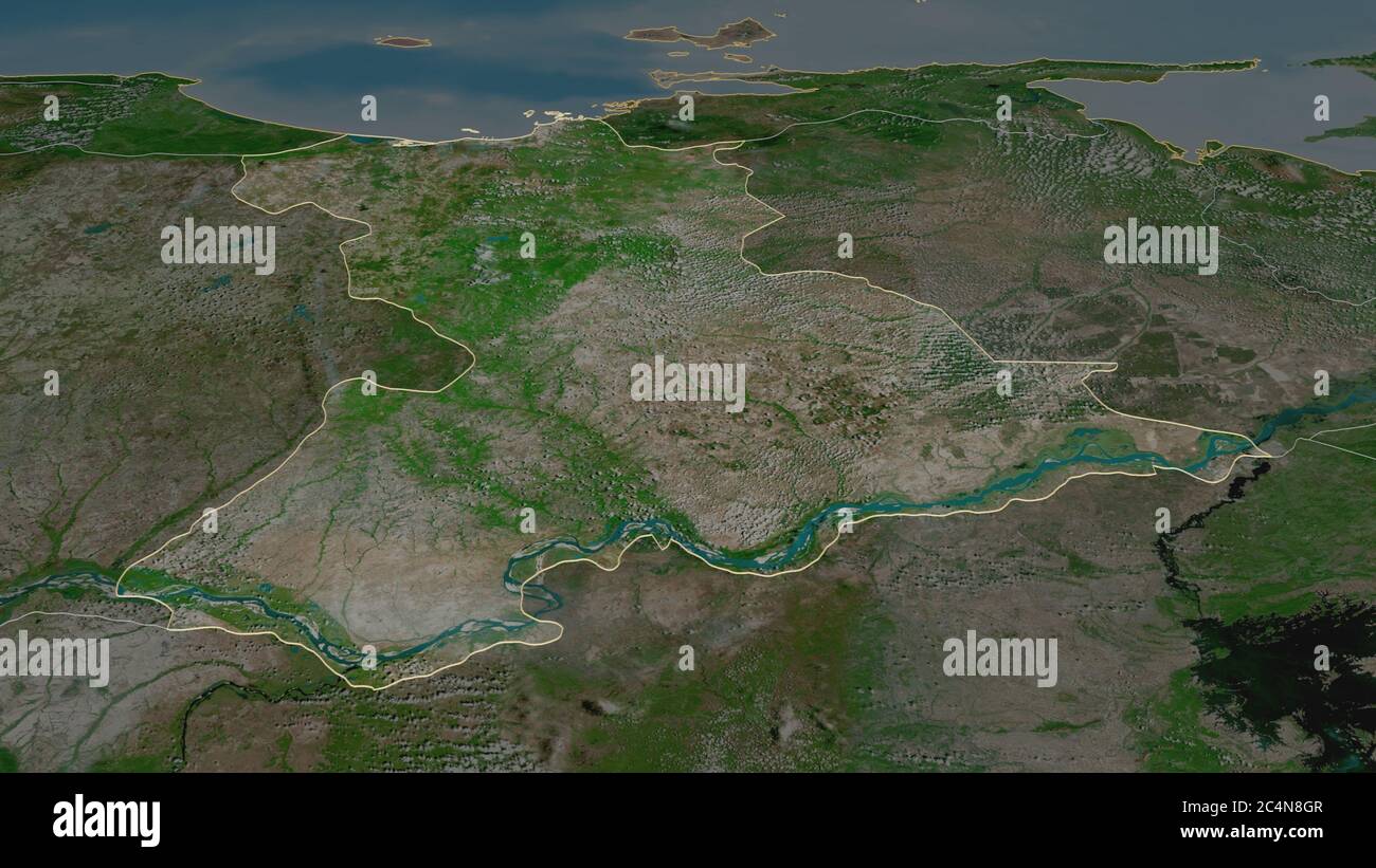 Zoom in on Anzoátegui (state of Venezuela) outlined. Oblique ...