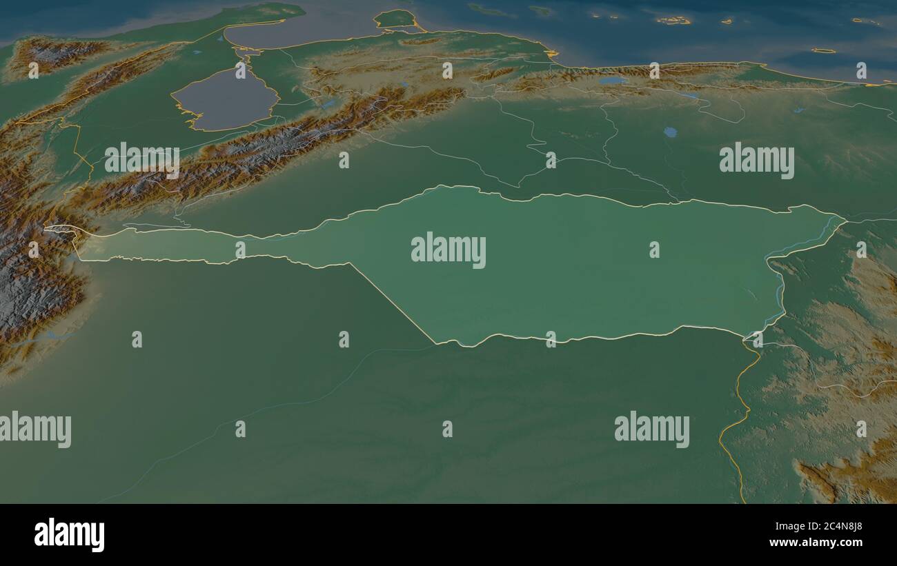 Zoom in on Apure (state of Venezuela) outlined. Oblique perspective ...