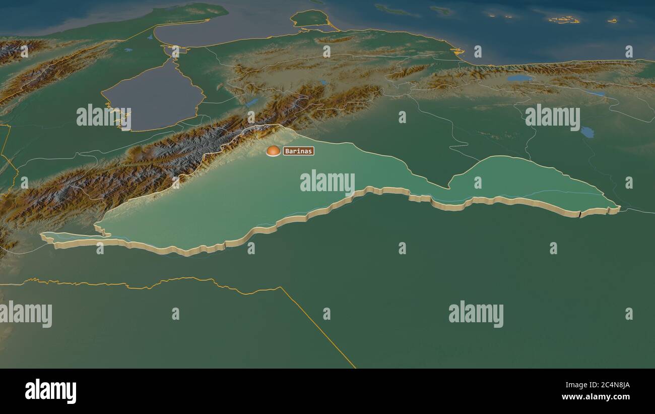 Zoom in on Barinas (state of Venezuela) extruded. Oblique perspective ...