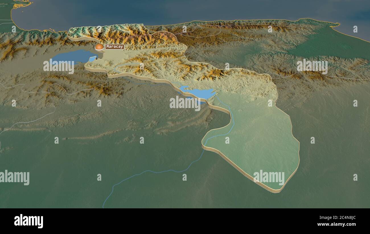 Zoom in on Aragua (state of Venezuela) extruded. Oblique perspective ...