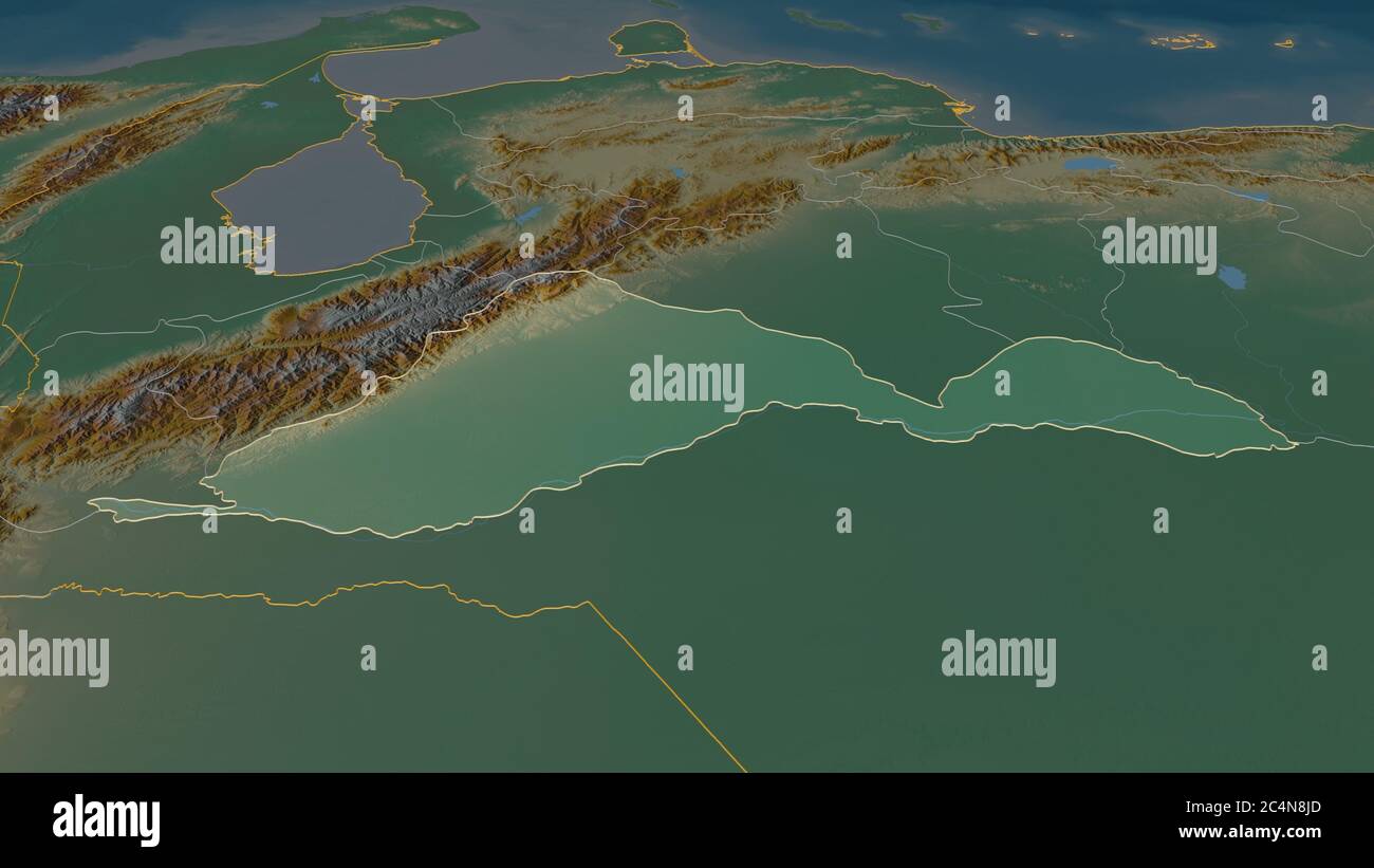 Zoom in on Barinas (state of Venezuela) outlined. Oblique perspective ...