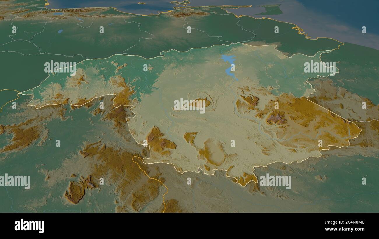 Zoom in on Bolívar (state of Venezuela) outlined. Oblique perspective ...