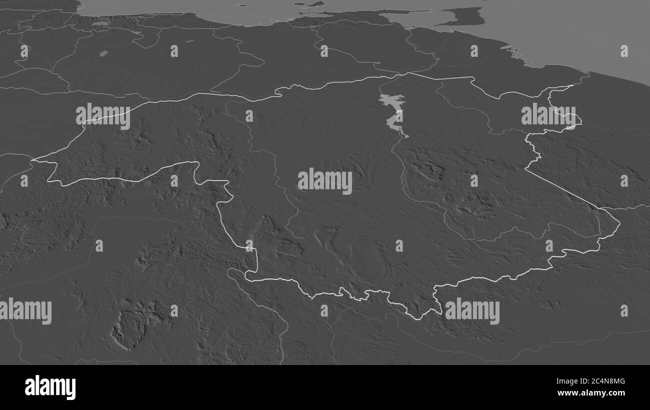 Zoom in on Bolívar (state of Venezuela) outlined. Oblique perspective ...