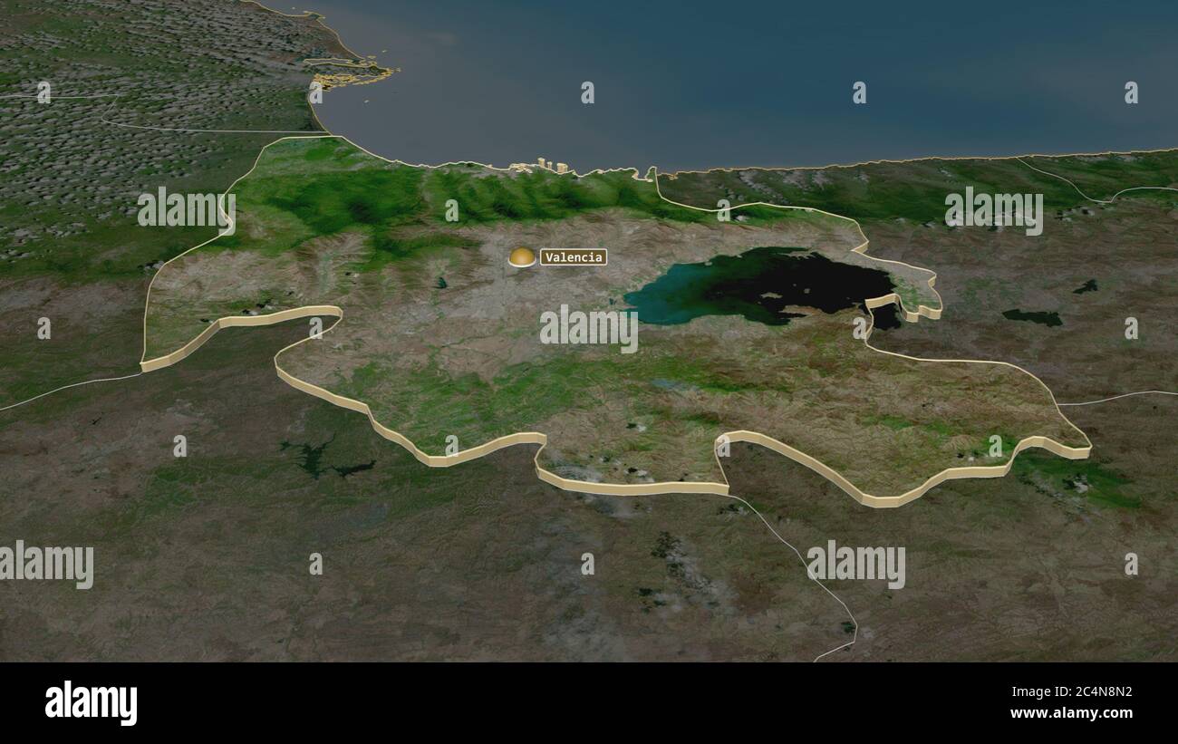 Zoom in on Carabobo (state of Venezuela) extruded. Oblique perspective ...