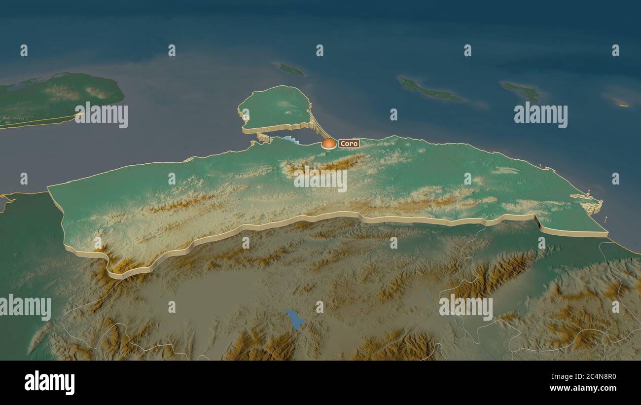 Zoom in on Falcón (state of Venezuela) extruded. Oblique perspective ...