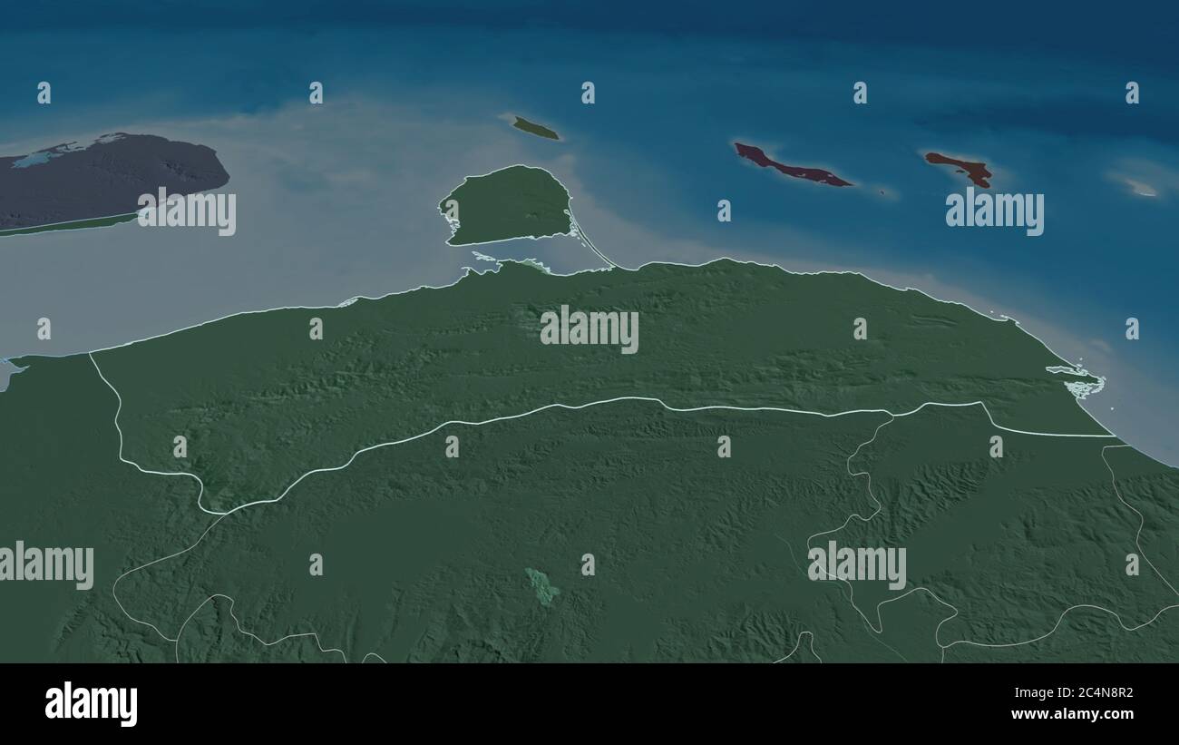 Zoom in on Falcón (state of Venezuela) outlined. Oblique perspective ...