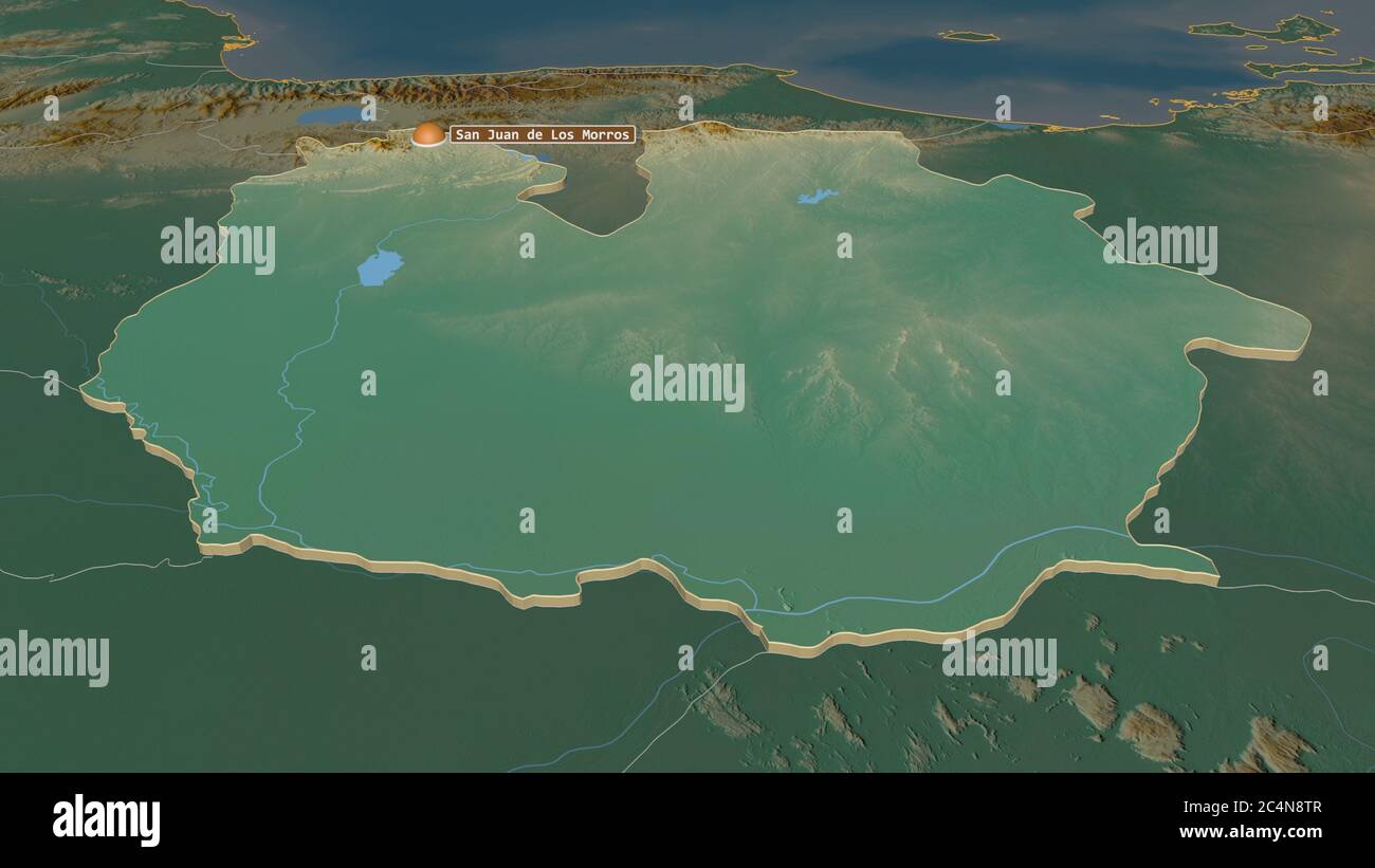 Zoom in on Guárico (state of Venezuela) extruded. Oblique perspective ...