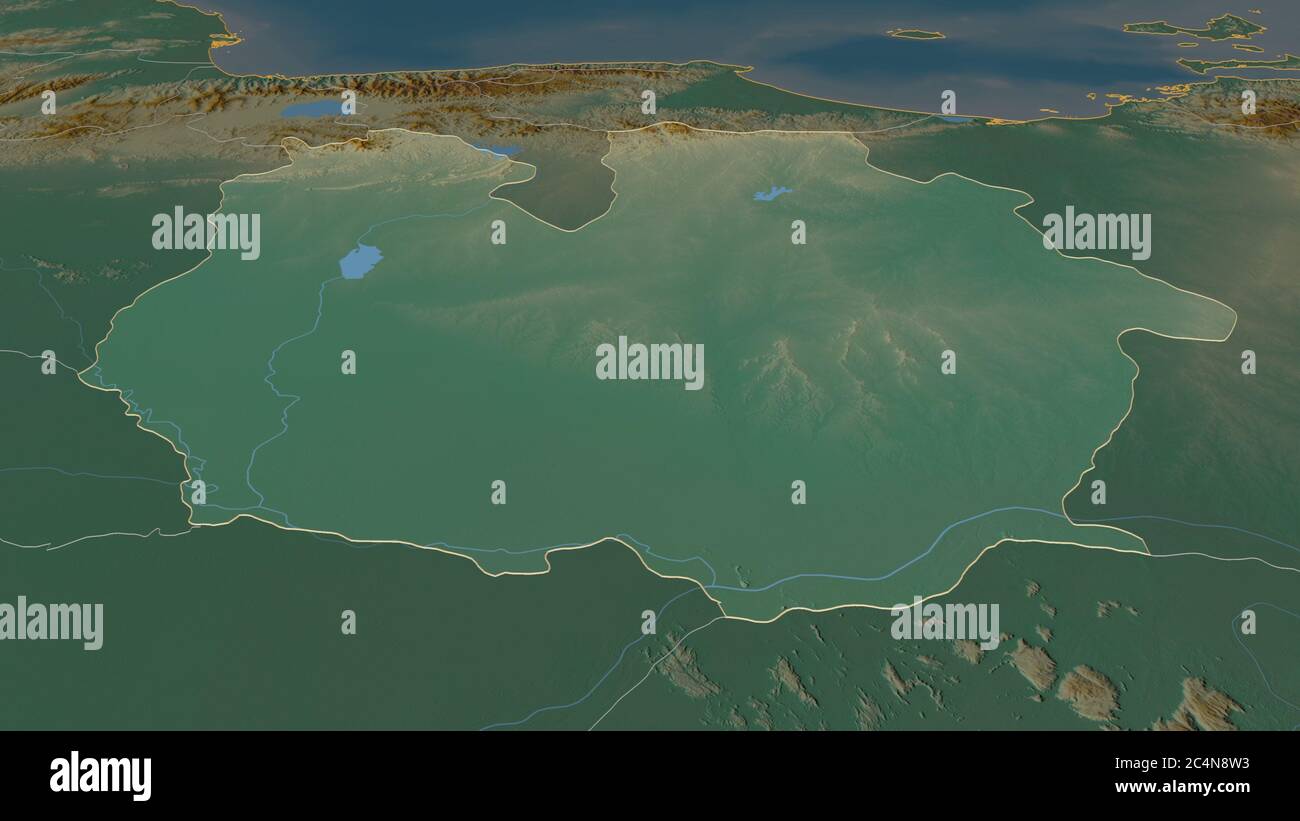 Zoom in on Guárico (state of Venezuela) outlined. Oblique perspective ...